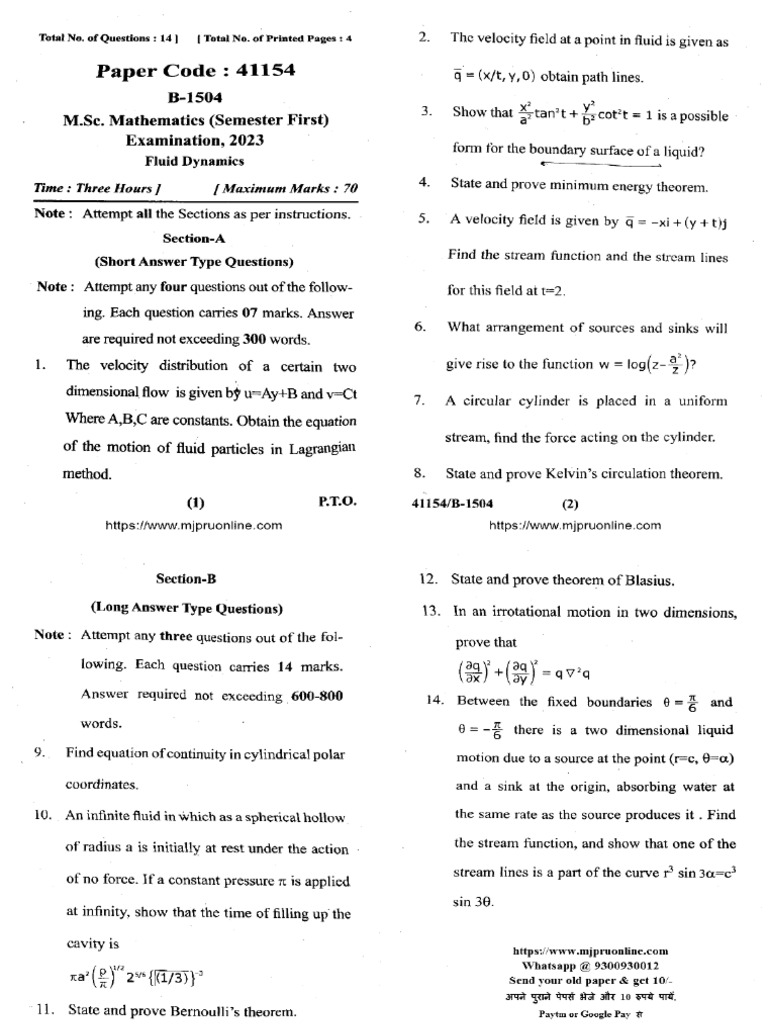 MSC 1 Sem Mathematics Fluid Dynamics 41154 2023 | PDF