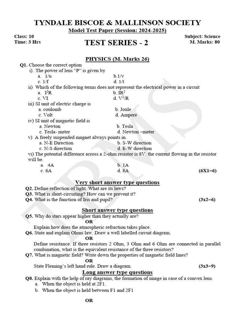 Class 10 Science Model Paper Test Series-2 | PDF | Resistor | Volt