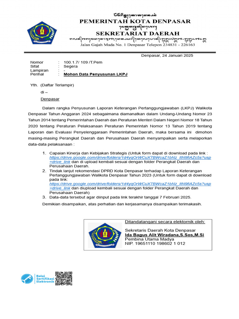 Surat Mohon Data LKPJ TA 2024 | PDF