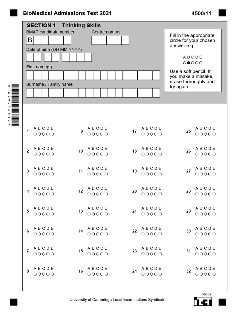 Bmat 2021 Section 1 Answer Sheet | PDF | Medical Education | Vocational ...