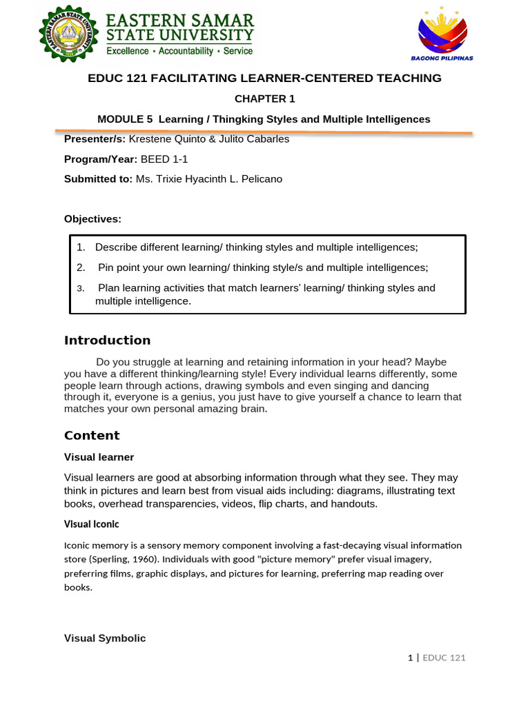 Chapter 1 Module 5 (Quinto & Cabarles) - 093934 | PDF | Learning Styles | Intelligence