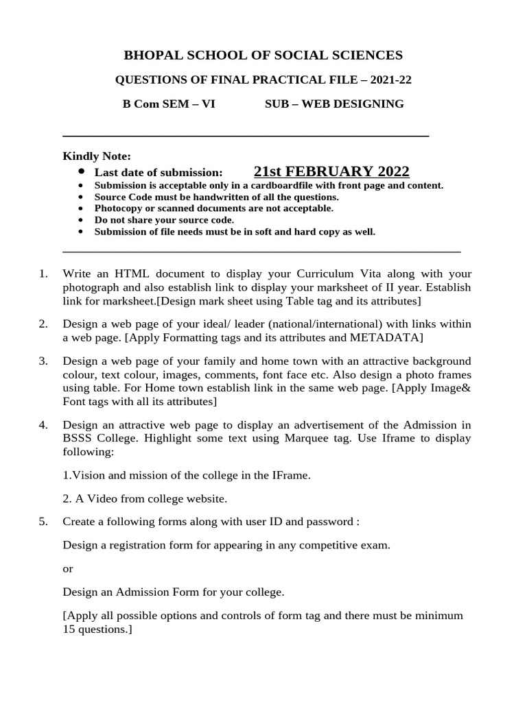 BCom Web Designing Practical Questions 2021-22 | PDF | Html Element ...