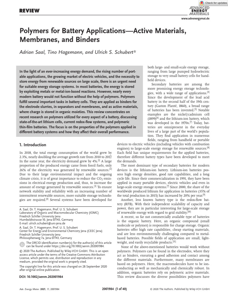 Advanced Energy Materials - 2020 - Saal - Polymers For Battery ...