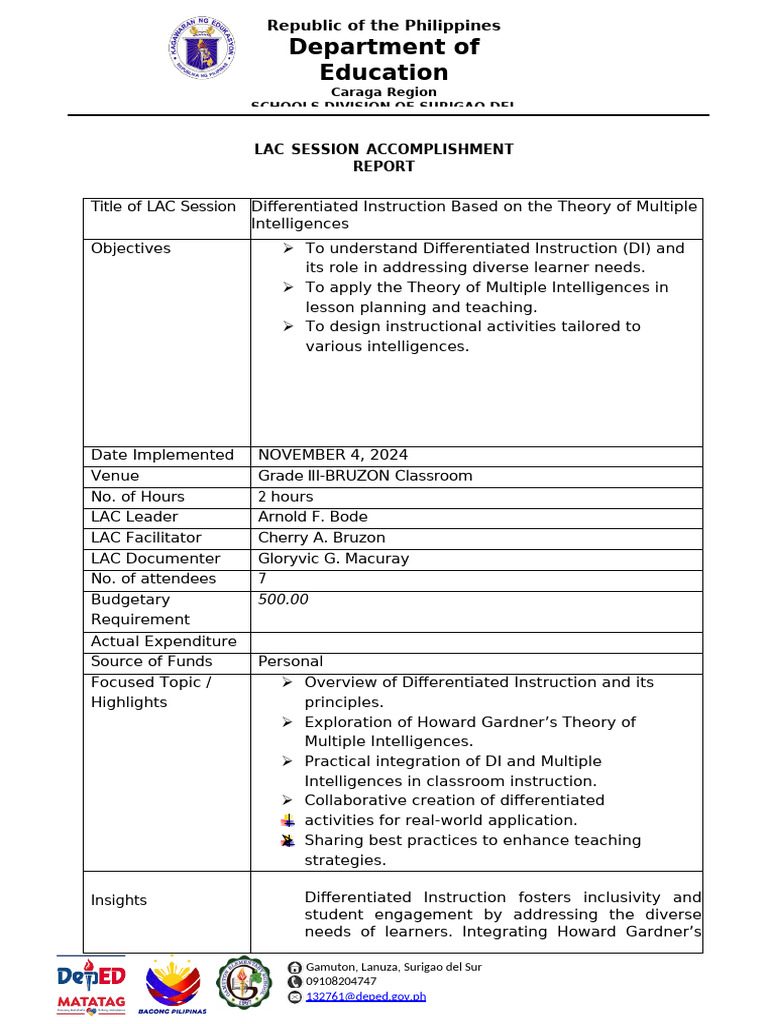 LAC-Session - Accomplishment-Report - November 4,2024 | PDF | Differentiated Instruction | Human ...