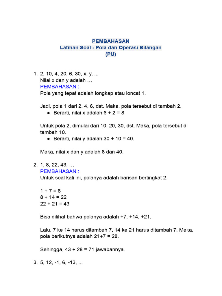 Soal dan Pembahasan Pola Bilangan | PDF