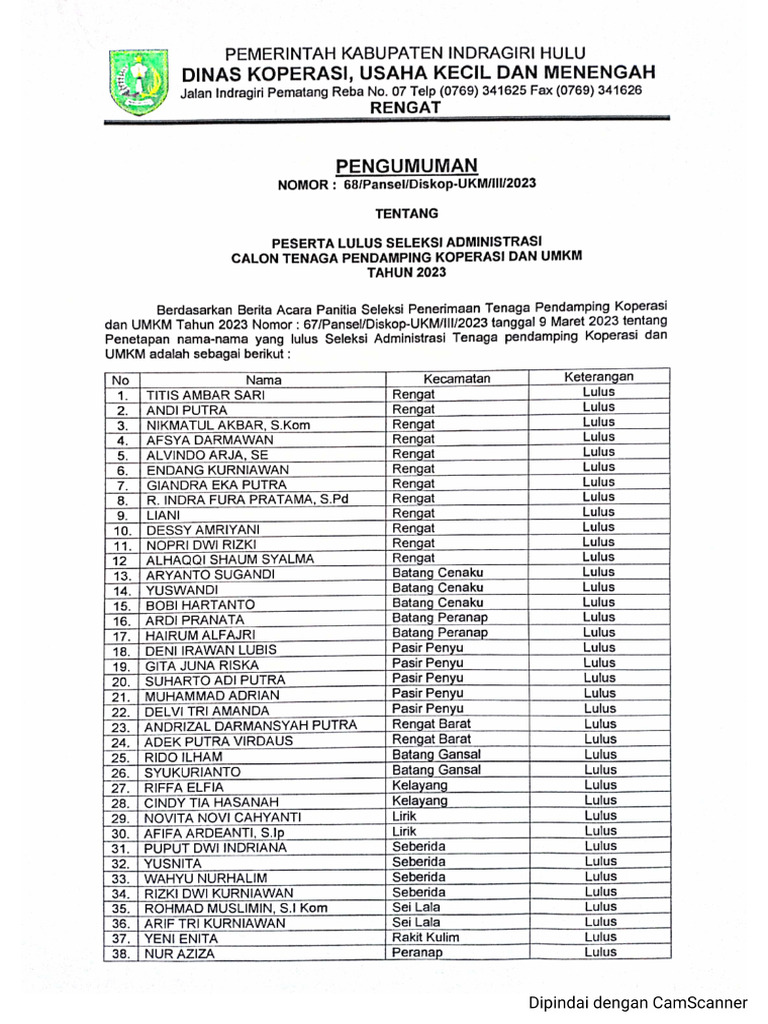 Pengumuman Hasil Seleksi Berkas Tenaga Pendamping | PDF