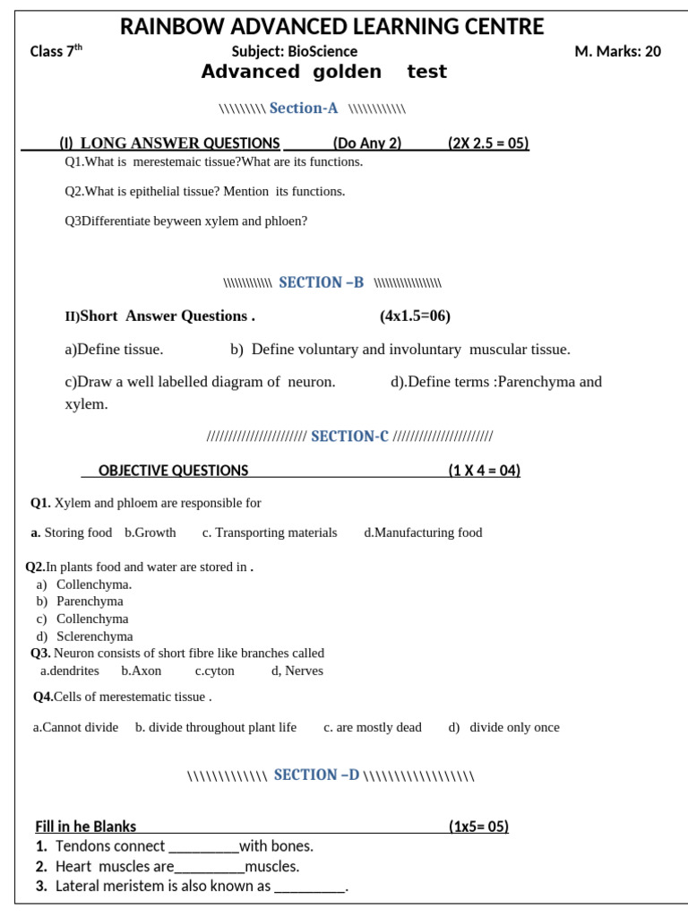 7th Science Test Paper | PDF