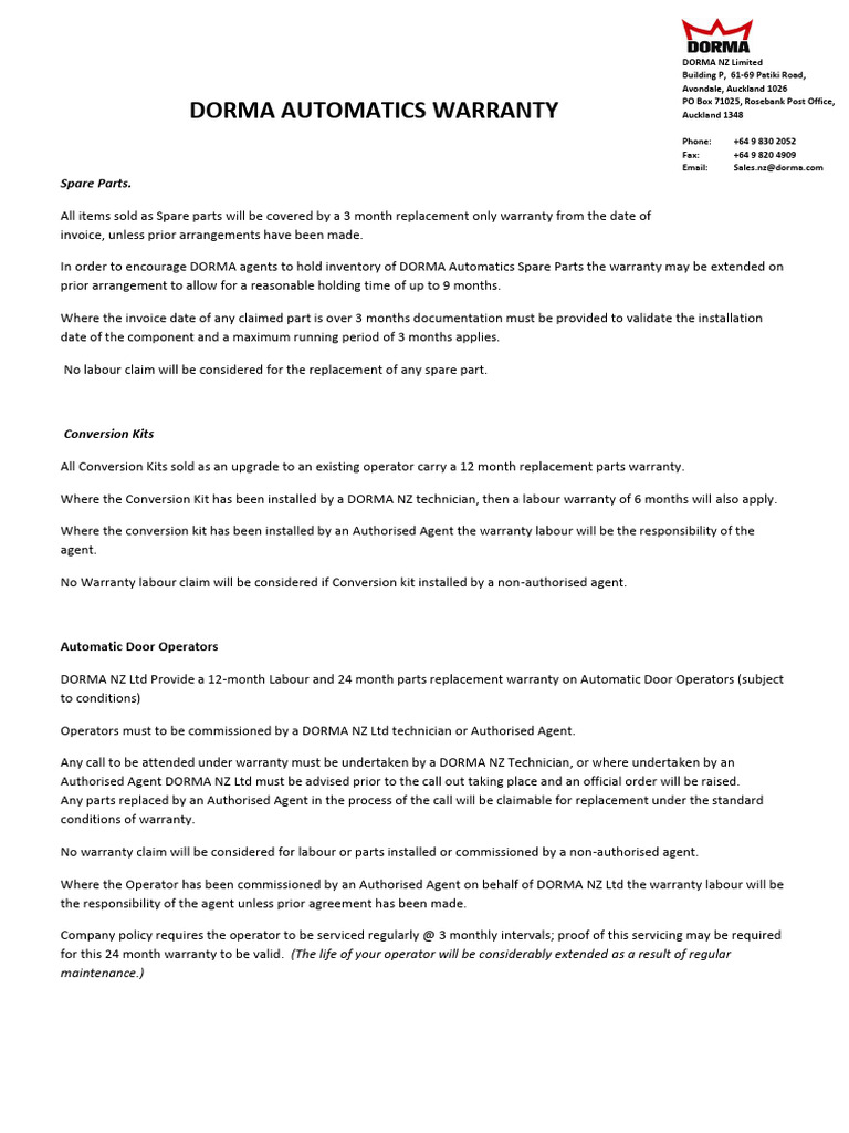 Dorma Automatics Warranty 2011 | PDF | Private Law | Common Law