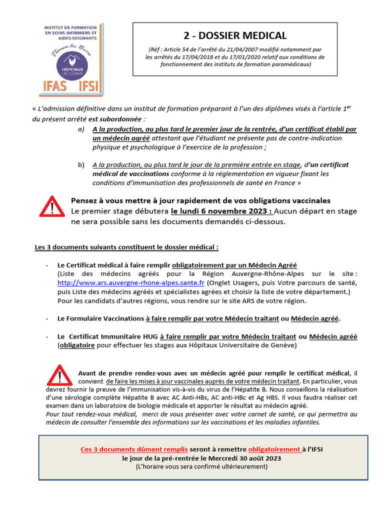 Dossier médical pour admission IFSI | PDF | Vaccination | Médecine clinique