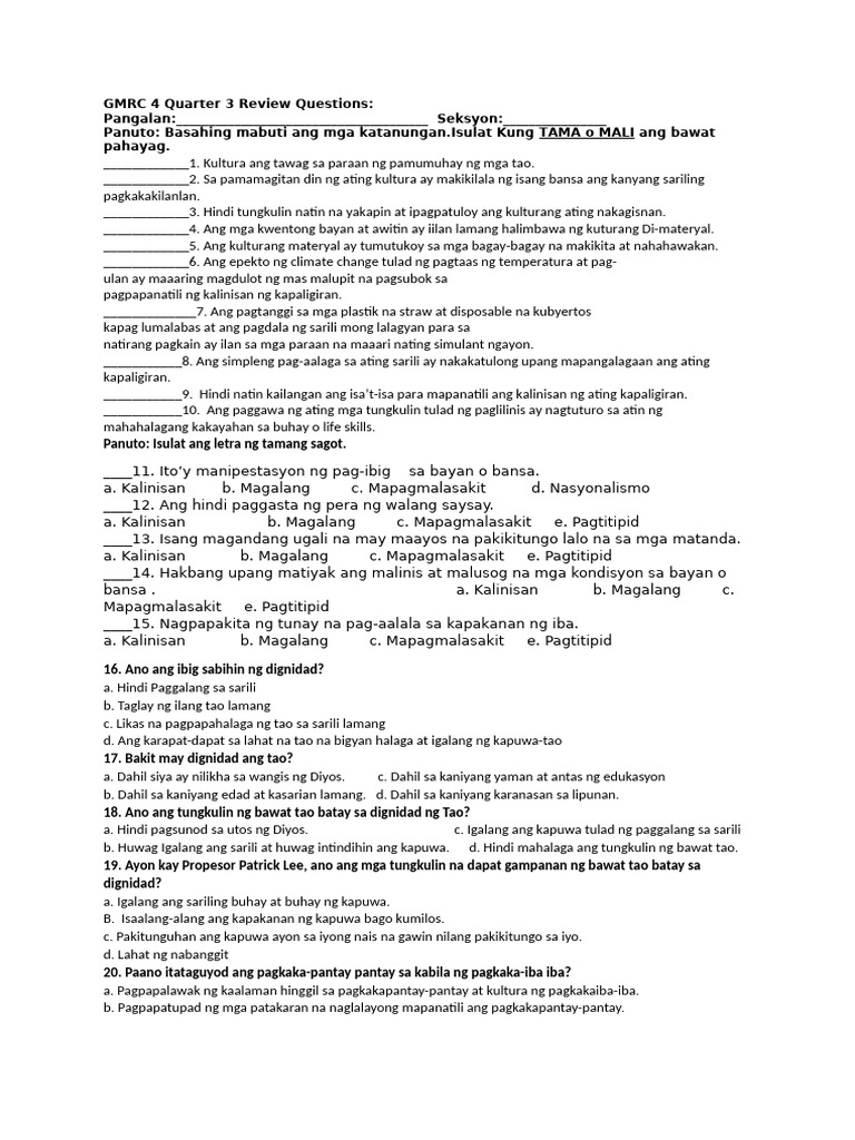 GMRC 4 Quarter 3 Review Questions A and B | PDF