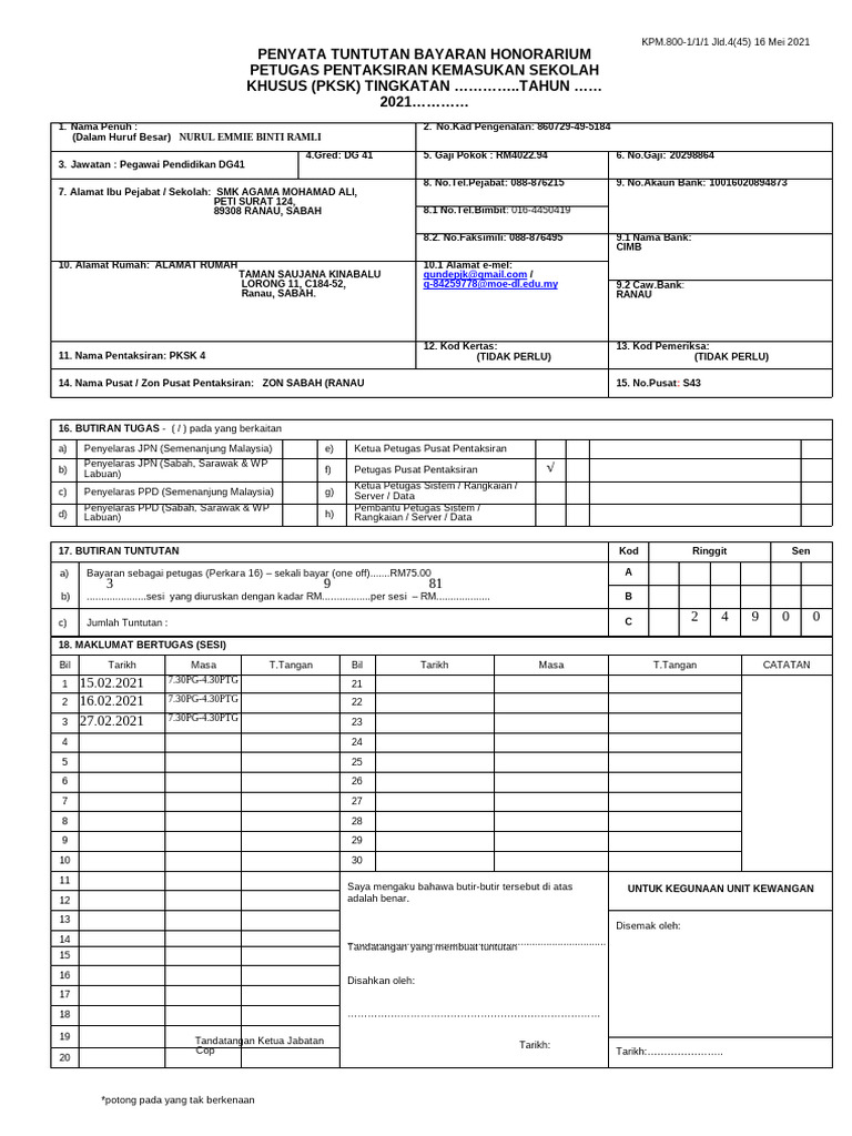Contoh Borang Tuntutan PKSK Nurul Emmie t4 | PDF