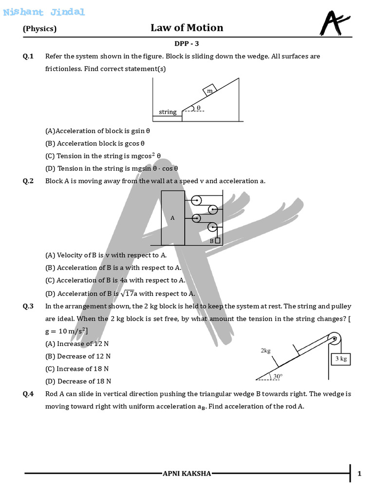 DPP - 03 Laws of Motion NJ - 247 | PDF | Tension (Physics) | Acceleration