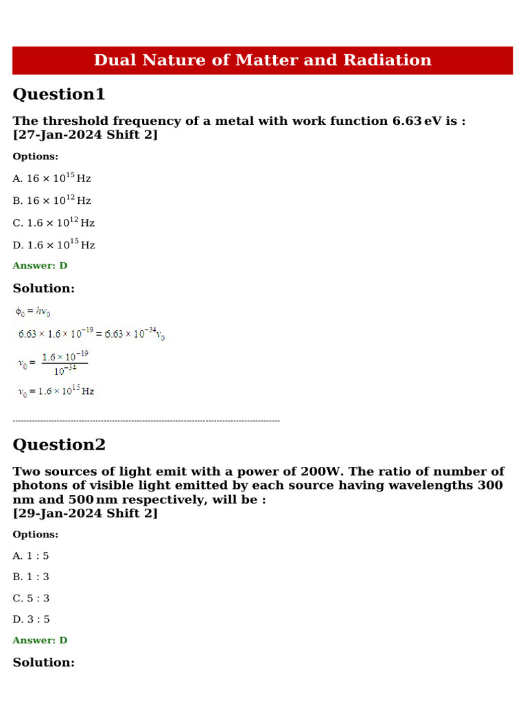 Dual Nature of Matter: JEE Mains PYQs | PDF | Photoelectric Effect ...