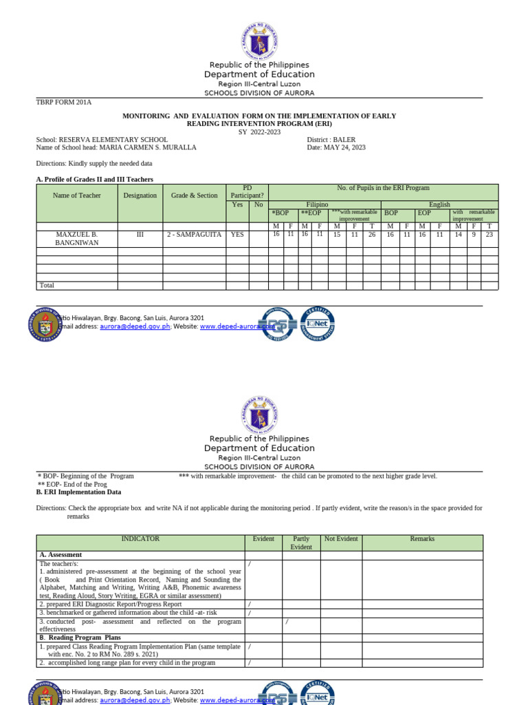 ERI Monitoring Tool 1 | PDF | Learning | Cognition