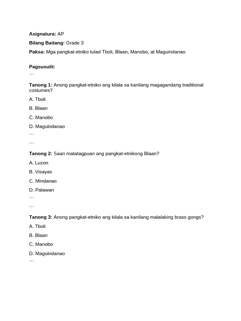 Quiz - Mga Pangkat-Etniko Tulad Tboli, Blaan, Manobo, at Maguindanao. | PDF