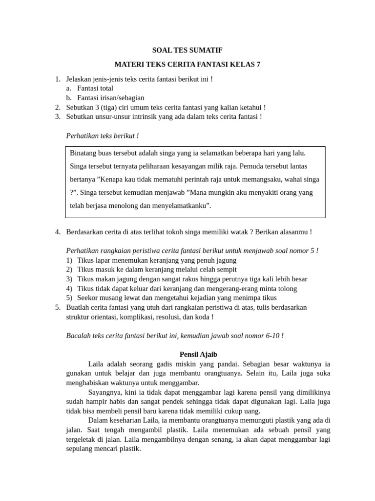 Soal Cerita Fantasi Kelas 7: Pensil Ajaib | PDF