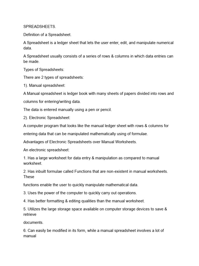 SPREADSHEETS notes | PDF | Spreadsheet | Microsoft Excel