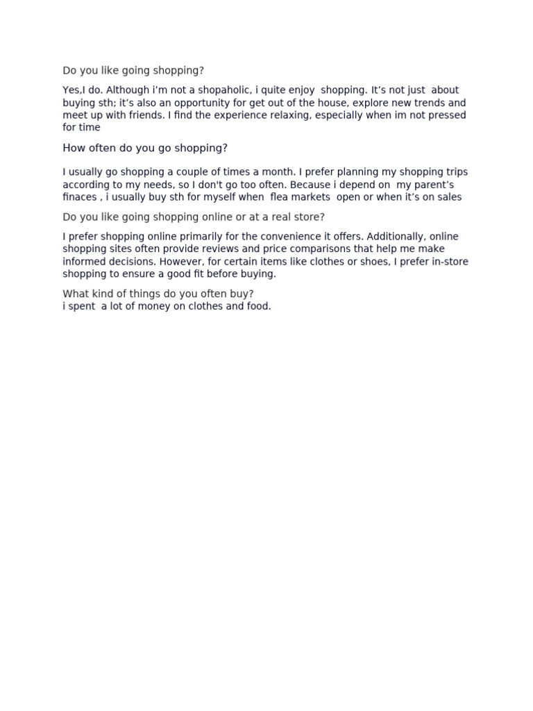 Ielts Speaking Topic SHOPPING | PDF