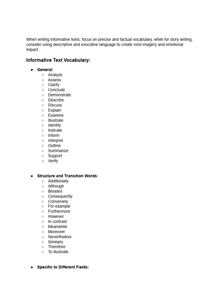 Vocabulary For Informative Texts and Story Writing | PDF | Earth Sciences