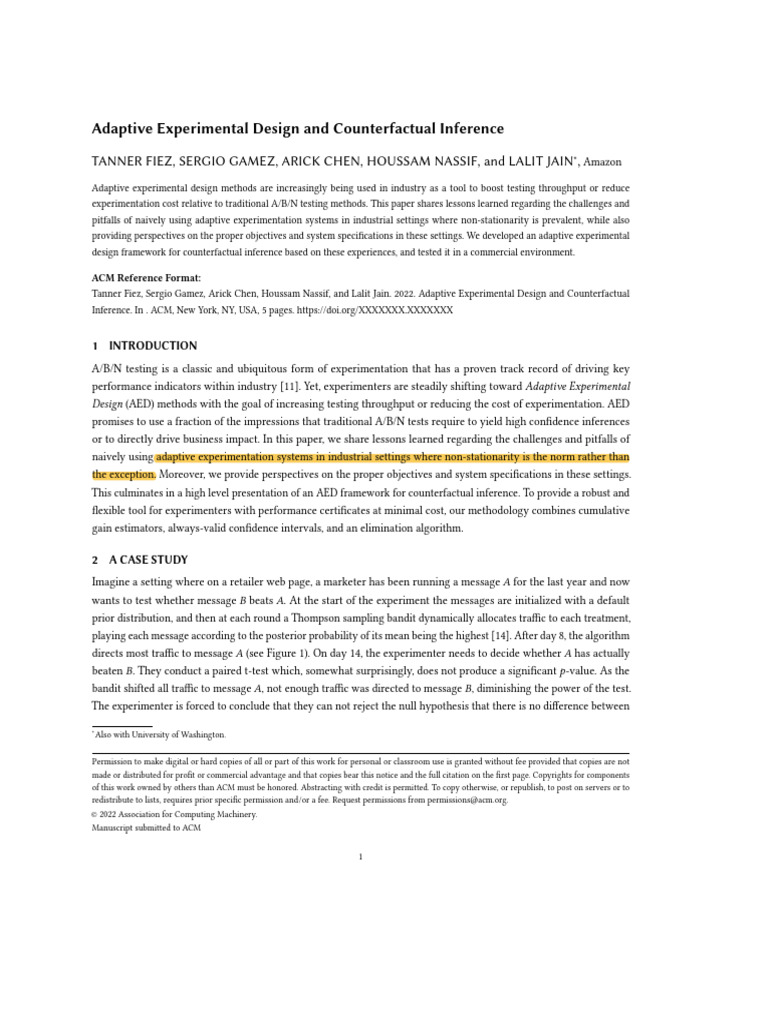 Adaptive Experimental Design And Counterfactual Inference Pdf Statistical Inference Experiment
