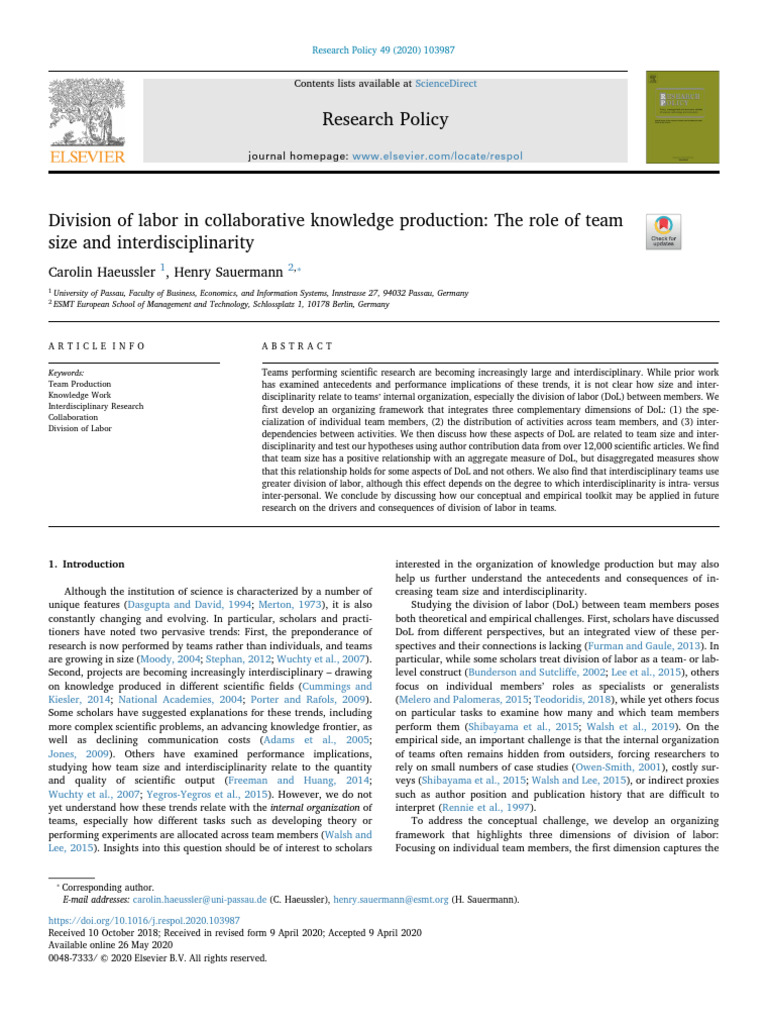 Division of Labor in Collaborative Knowledge Production - The Role of ...