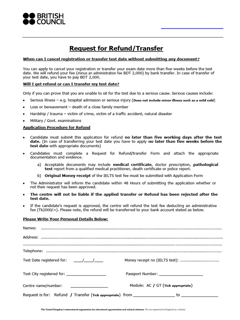 Ielts Transfer Refund Form 0 | PDF | International English Language ...