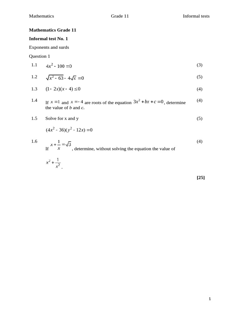 Mathematics Grade 11 Term 1 Informal Tests | PDF | Equations ...