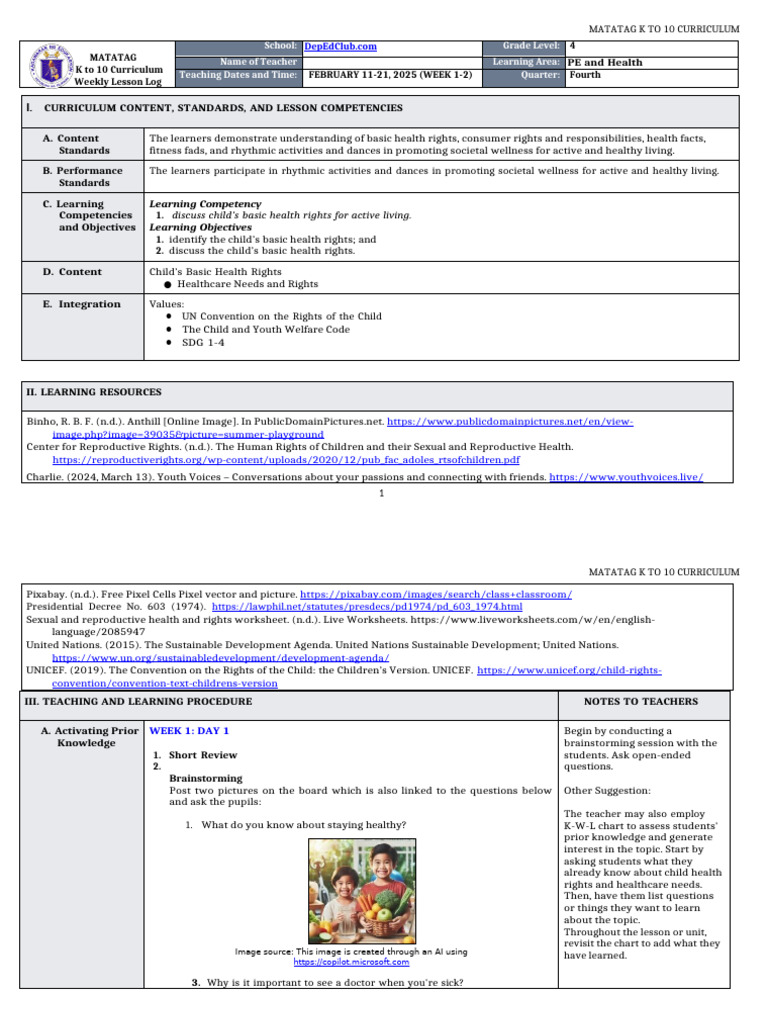DLL Matatag - Pe & Health 4 Q4 Week1-2 | PDF | Teachers | Curriculum