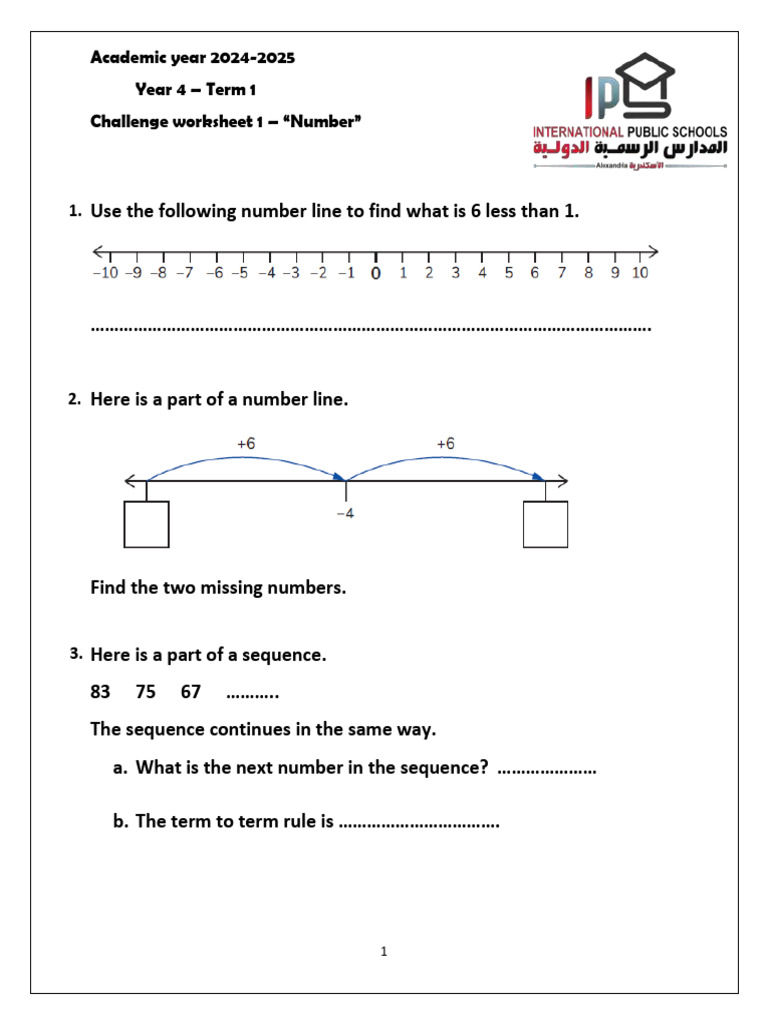 Year 4 Term 1 Number Challenge Worksheet | PDF