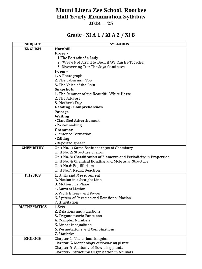 Mount Litera Zee School XI Syllabus 2024-25 | PDF | Chemistry ...
