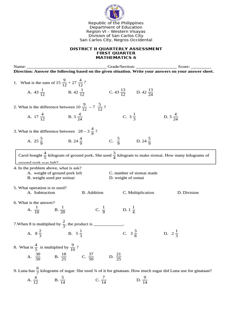 MATH 6 PT-1ST QUARTER | PDF