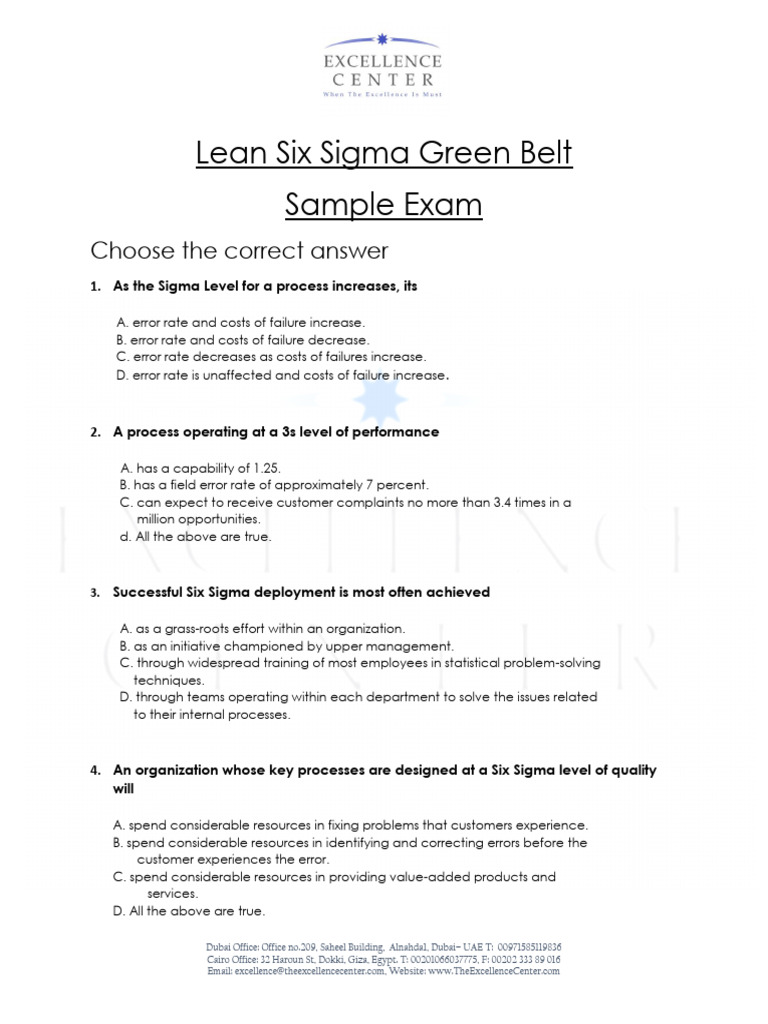 Lean Six Sigma Green Belt Sample Exam | PDF | Six Sigma | Standard Deviation