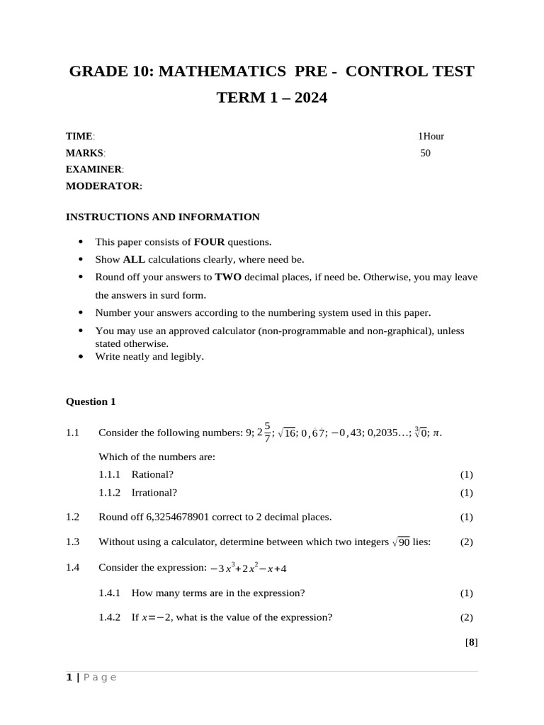 Grade 10 Mathematics Control Test 2024 | PDF | Mathematical Concepts ...