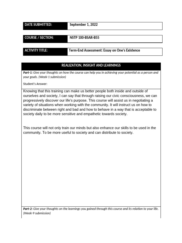 NSTP Course Reflection and Insights | PDF