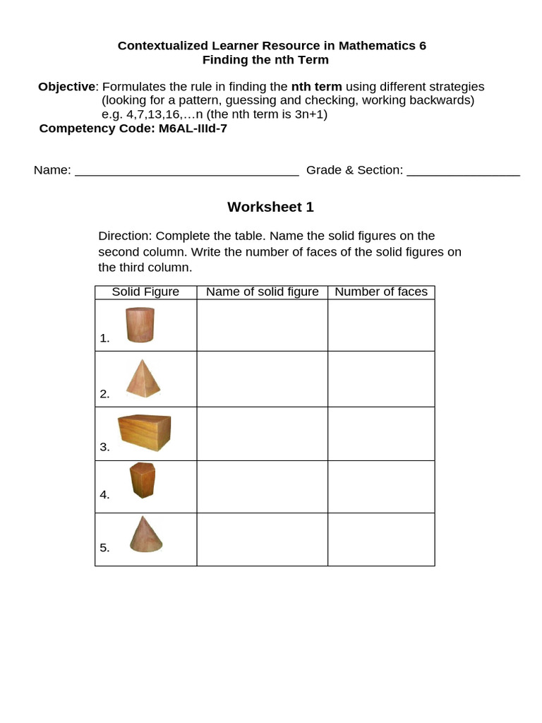 Mathematics 6 - Identifies Faces of Solid Figures | PDF | Classical ...