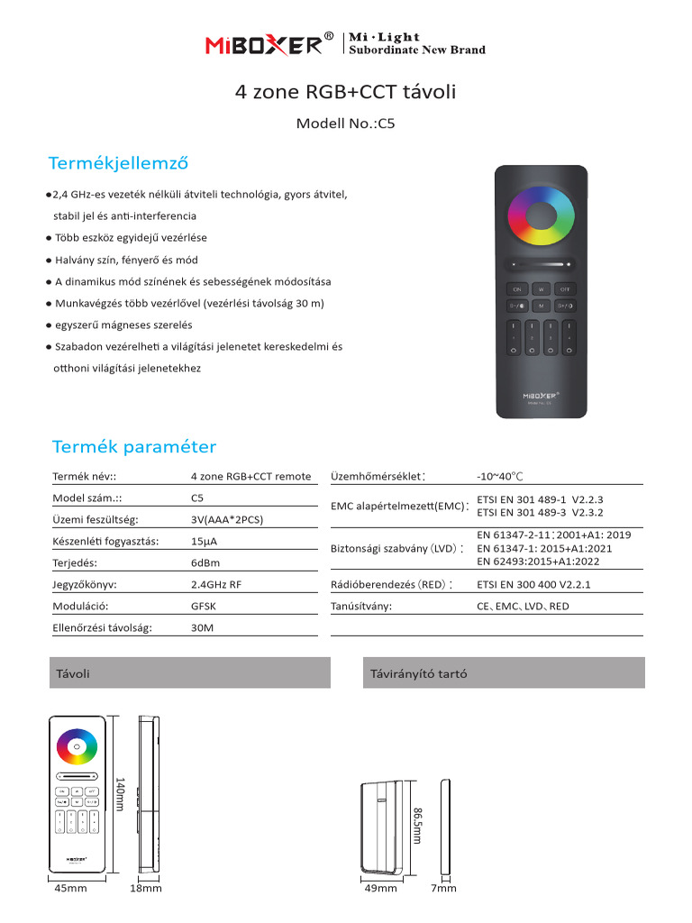 MiBoxer - 4 Zone RGB+CCT Távoli | PDF