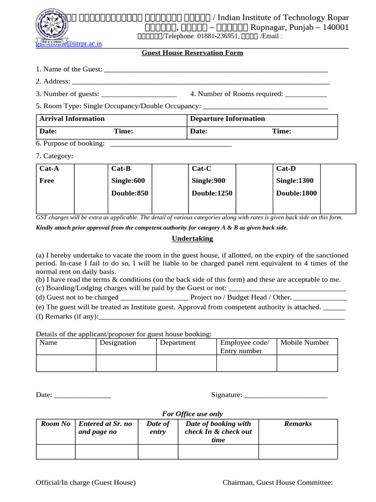 IIT Ropar Guest House Booking Form | PDF