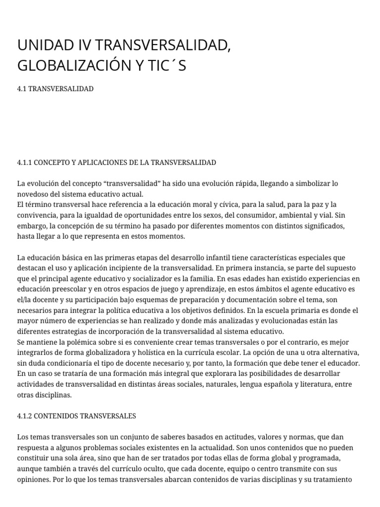 Unidad Iv Transversalidad, Globalización y Tic S | PDF | Educación a distancia | Globalización