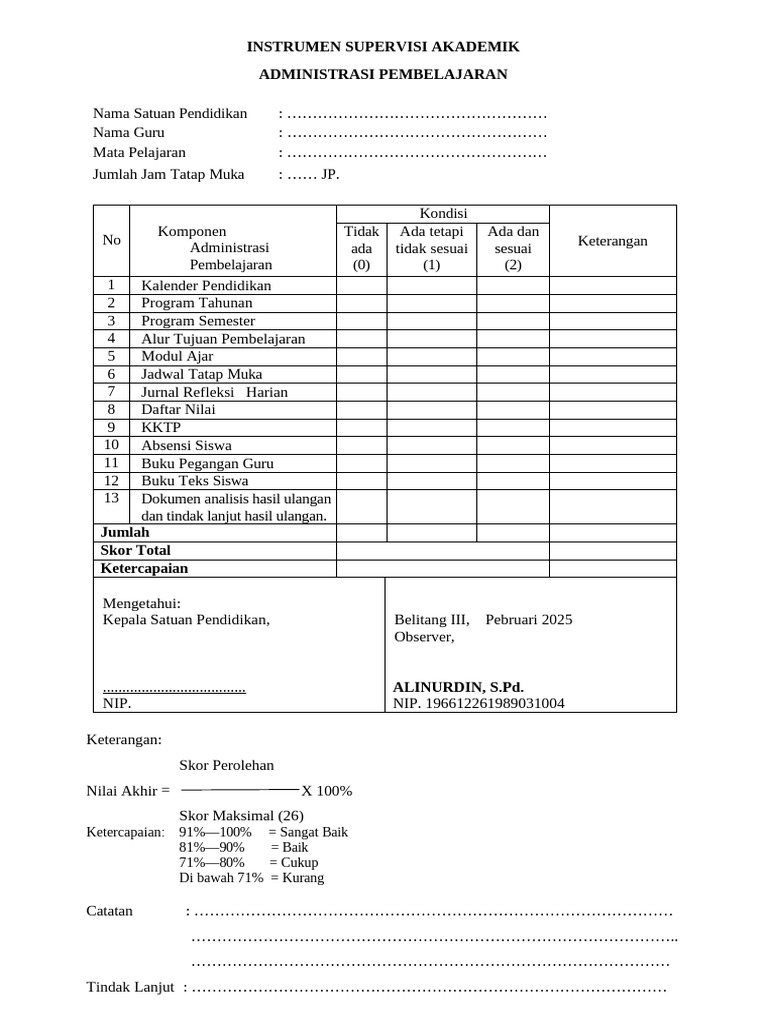 Instrumen Movev Administrasi Guru Kelas Dan Guru Mapel | PDF