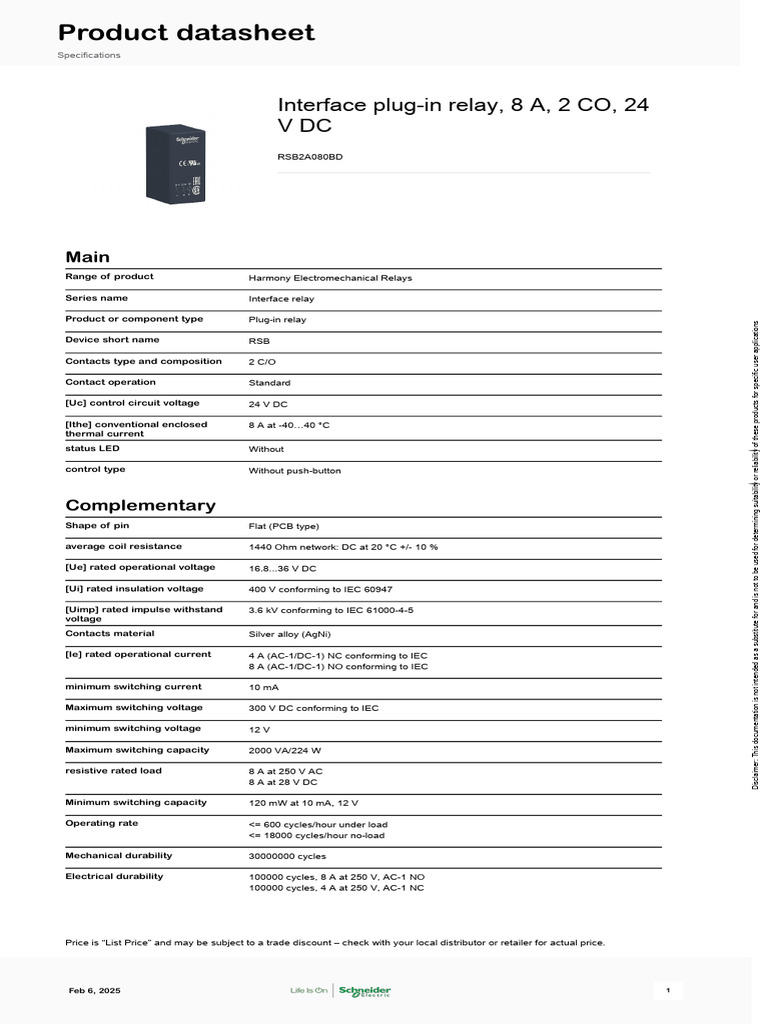 Schneider Electric - Zelio-Relays - RSB2A080BD | PDF | Relay | Voltage