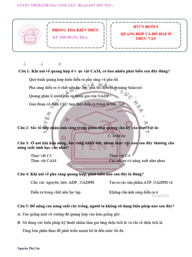 BTVN buổi 9 quang hợp và hô hấp. | PDF