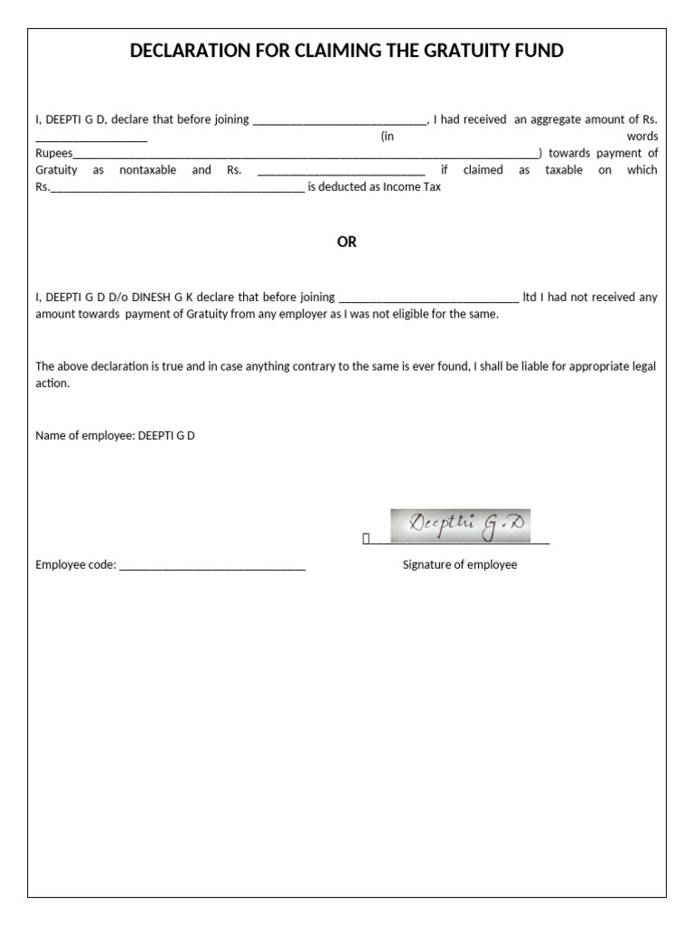 Gratuity-Form1 Filled and Signed | PDF | Gratuity | Economies