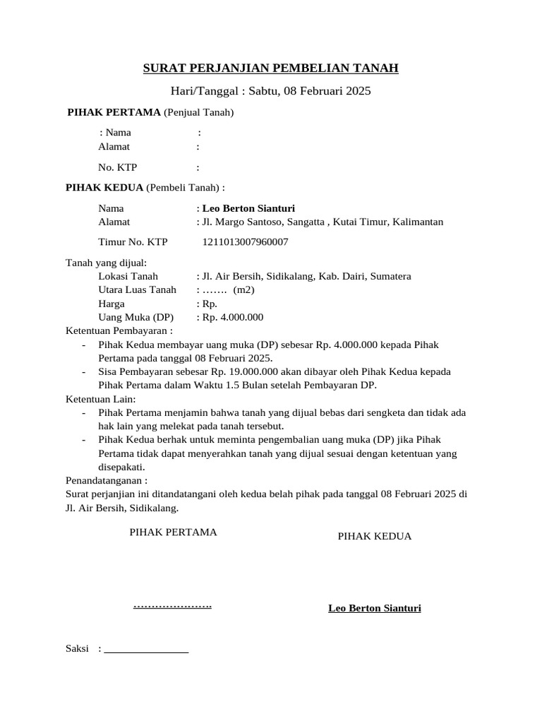 Surat Perjanjian Pembelian Tanah | PDF