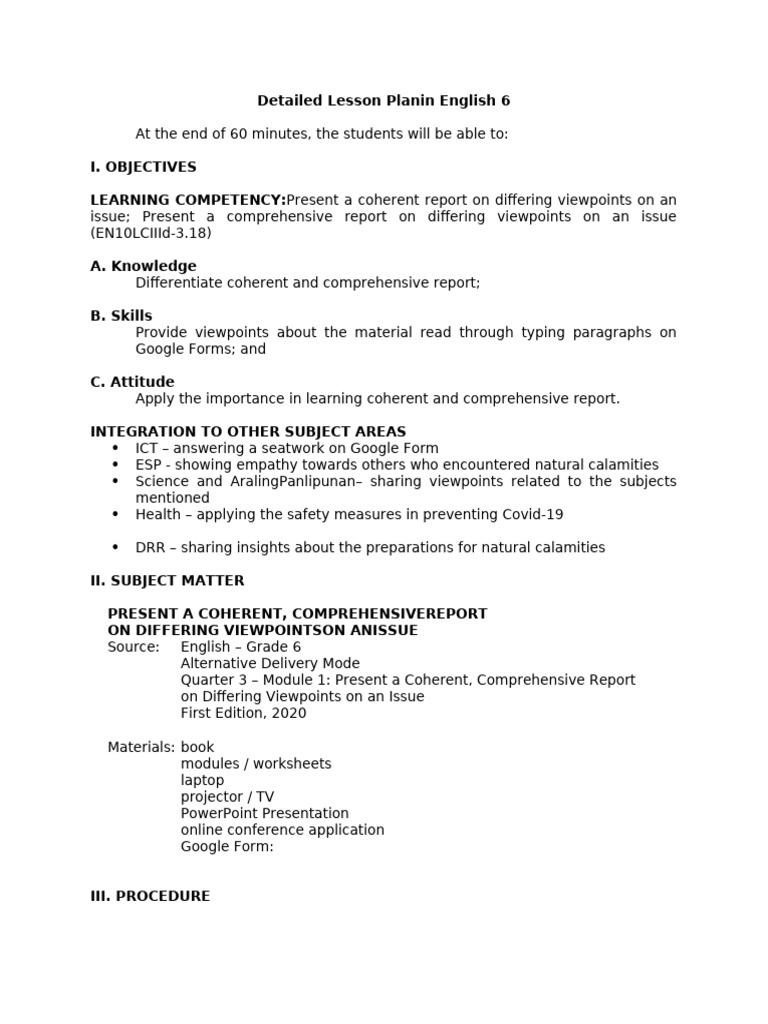 (English 6) - Coherent and Comprehensive Report 4As Detailed LP | PDF ...