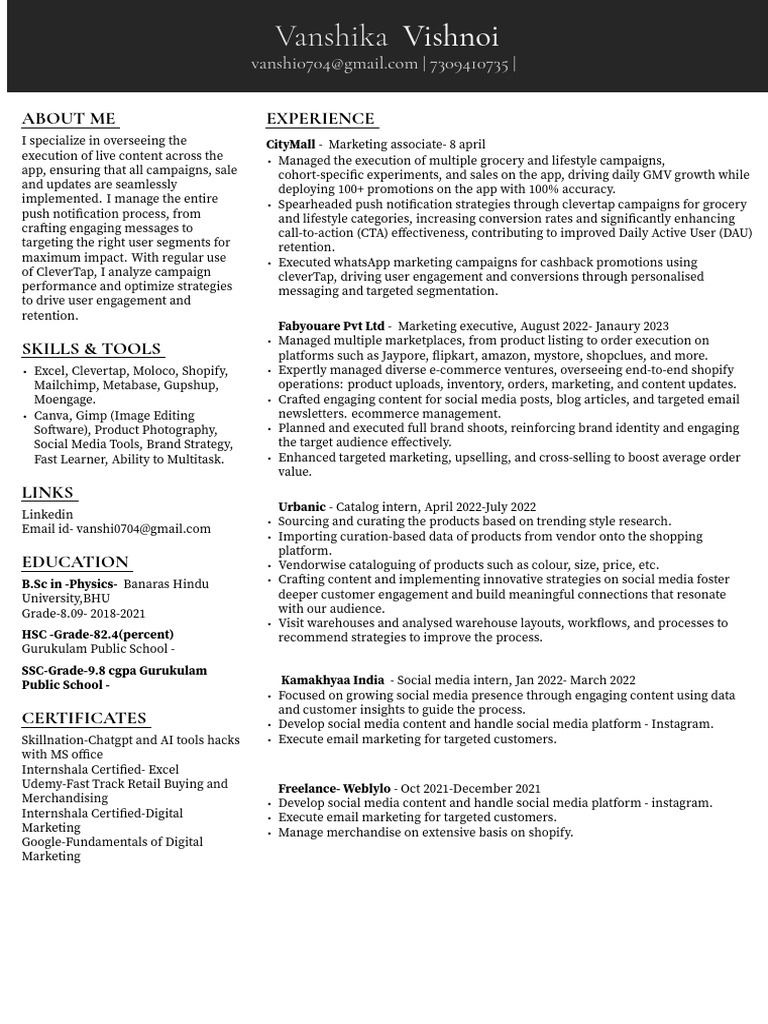 Vanshika Vishnoi Marketing Executive | PDF | Marketing | Social Media