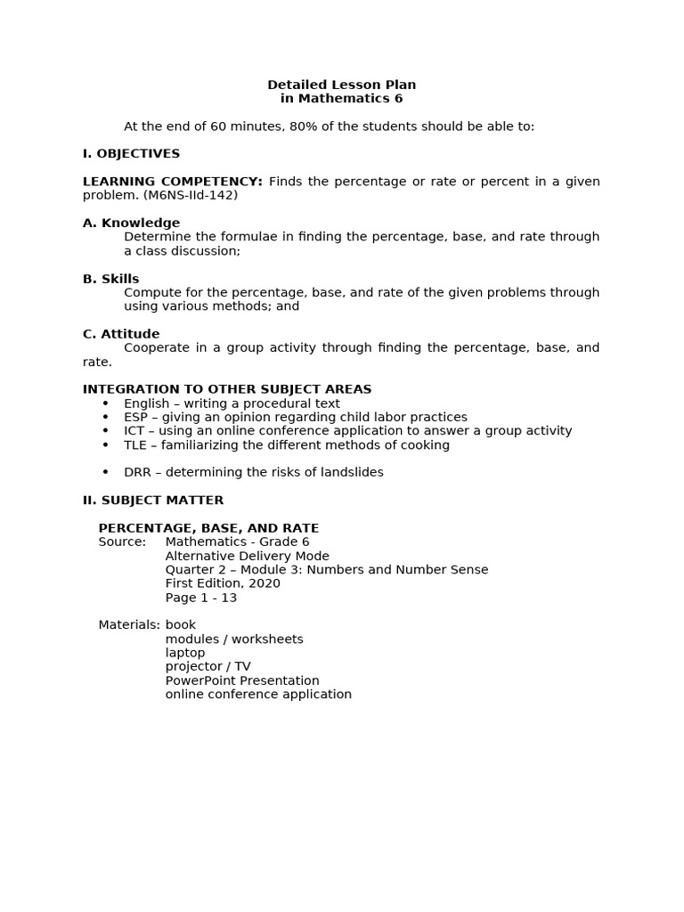 (Math 6) - Percentage, Base, and Rate 4as Detailed LP | PDF ...