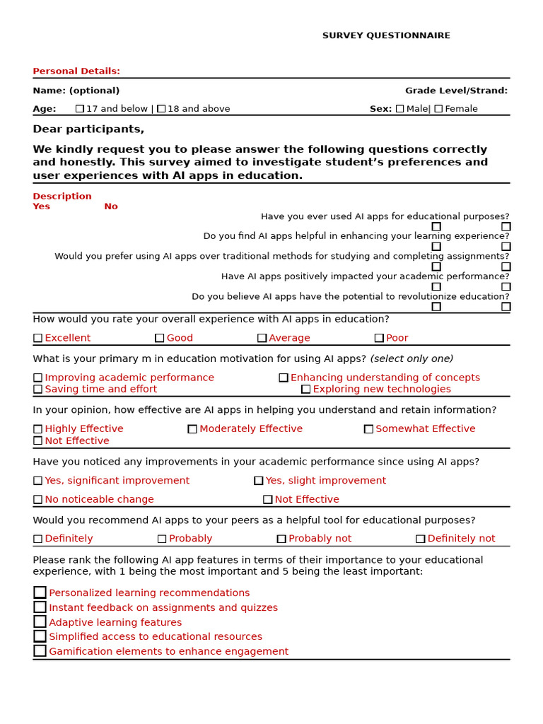 SURVEY QUESTIONNAIRE in Stats 22 | PDF | Artificial Intelligence ...