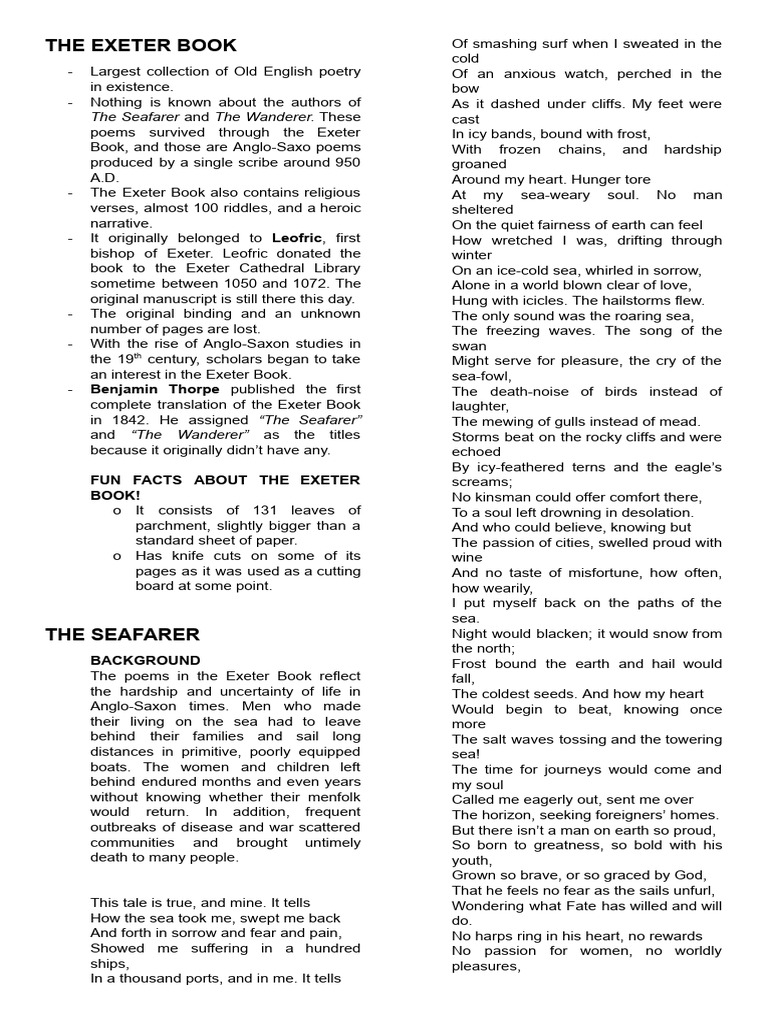 The Exeter Book (The Seafarer & The Wanderer) | PDF