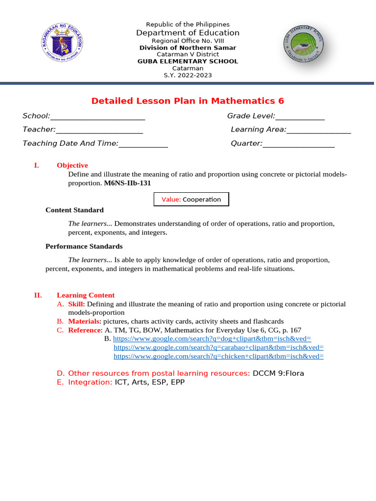 LESSON PLAN 6 - q2-ratio | PDF | Ratio | Learning