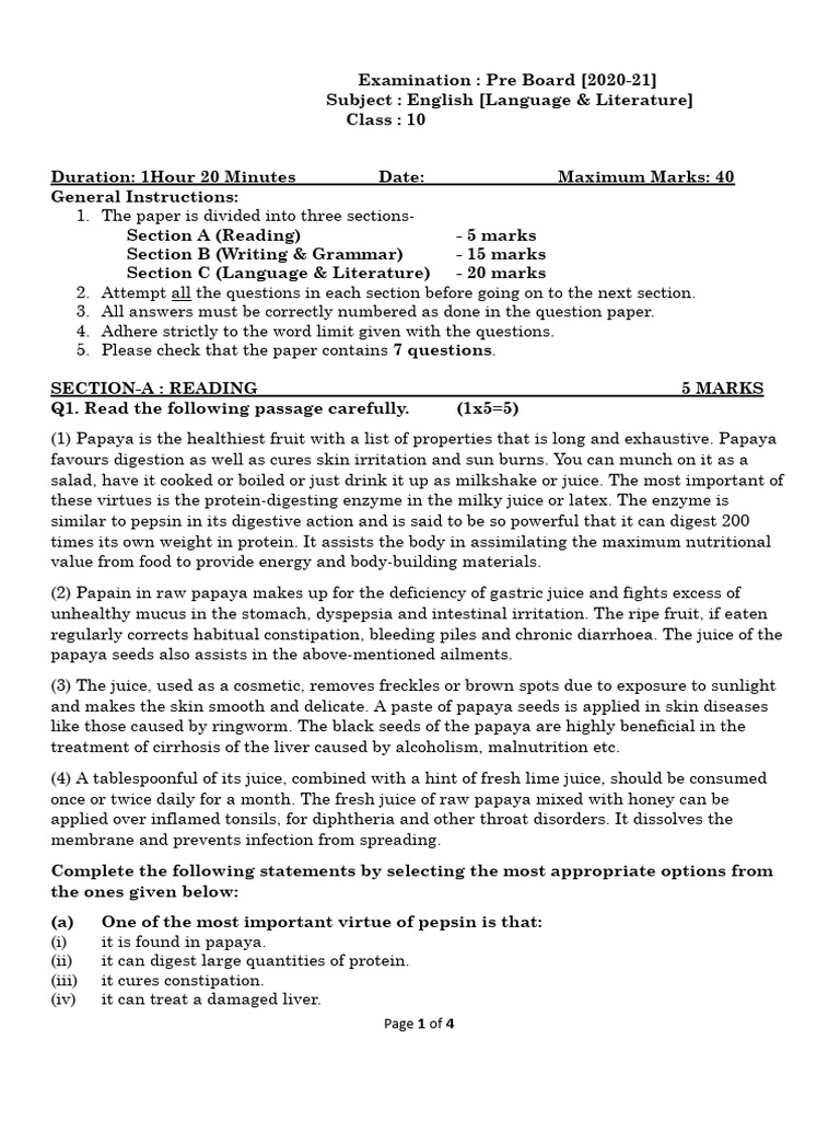 10 Pre Board - 1 Set - 2 Question Paprer (December 2020) | PDF ...